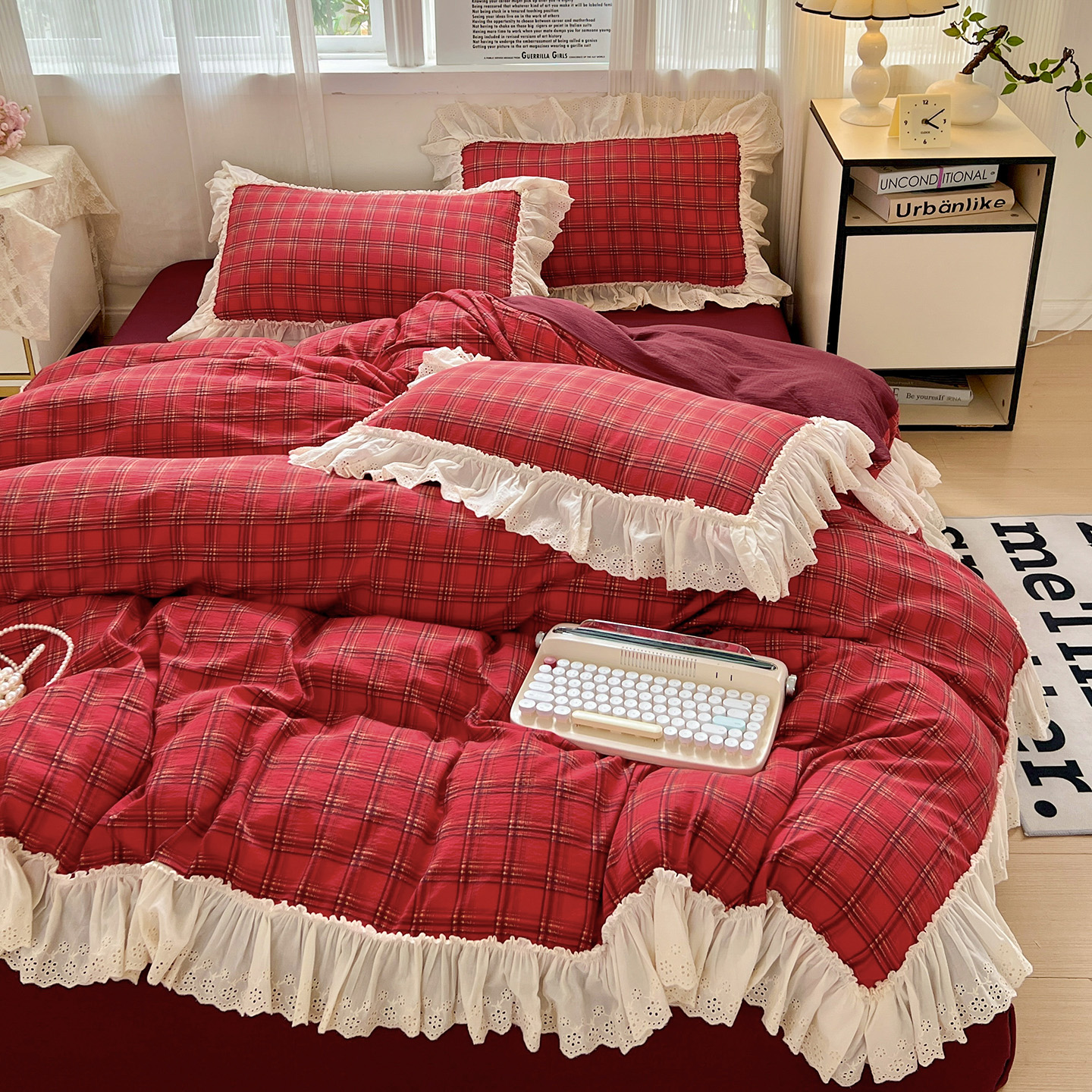 2025新款复古经典格纹全棉纯棉镂空宽花边四件套系列-找家纺-就上找家纺网